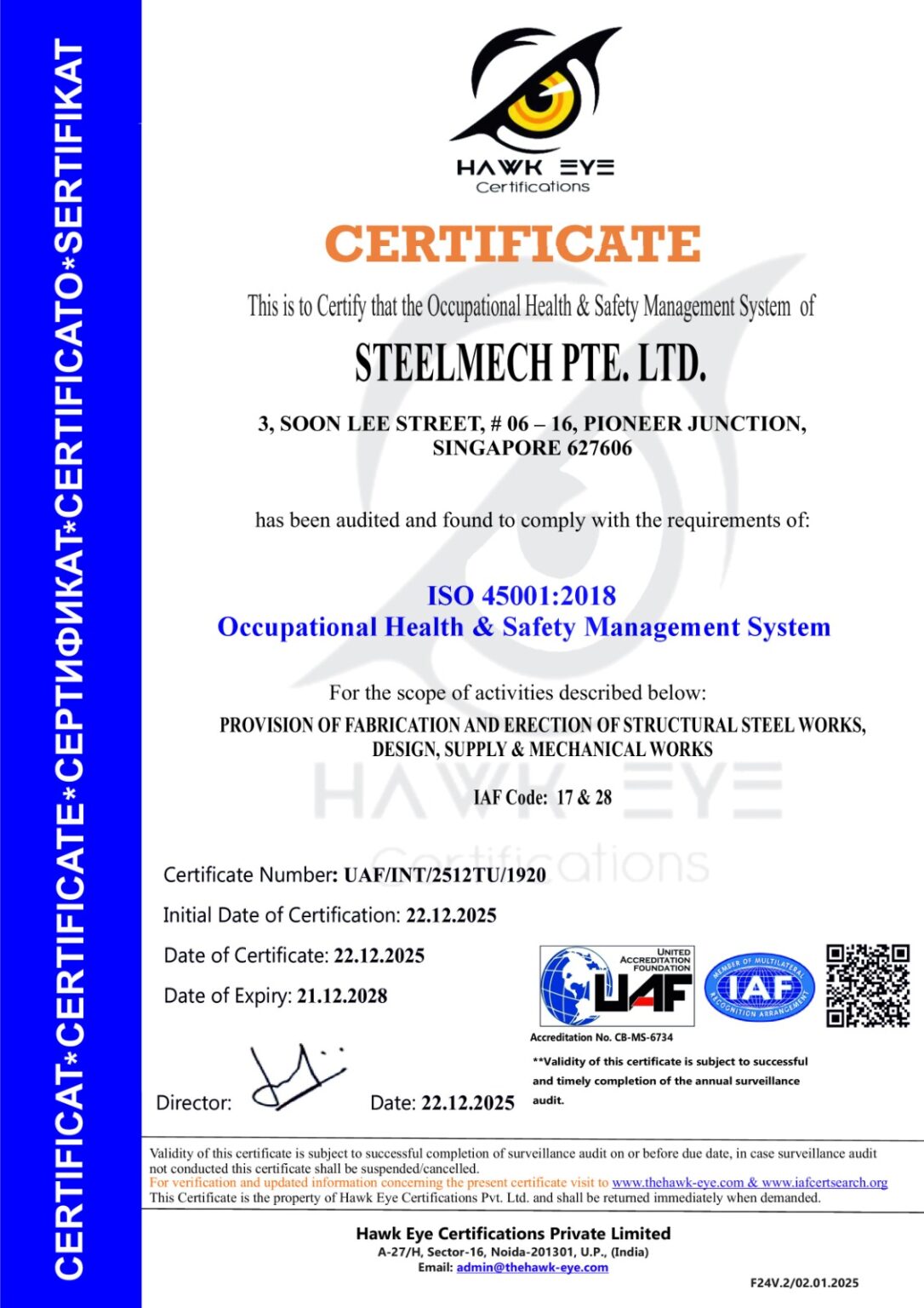 Certification > Steel Contractor & Structural Steel Services in Singapore